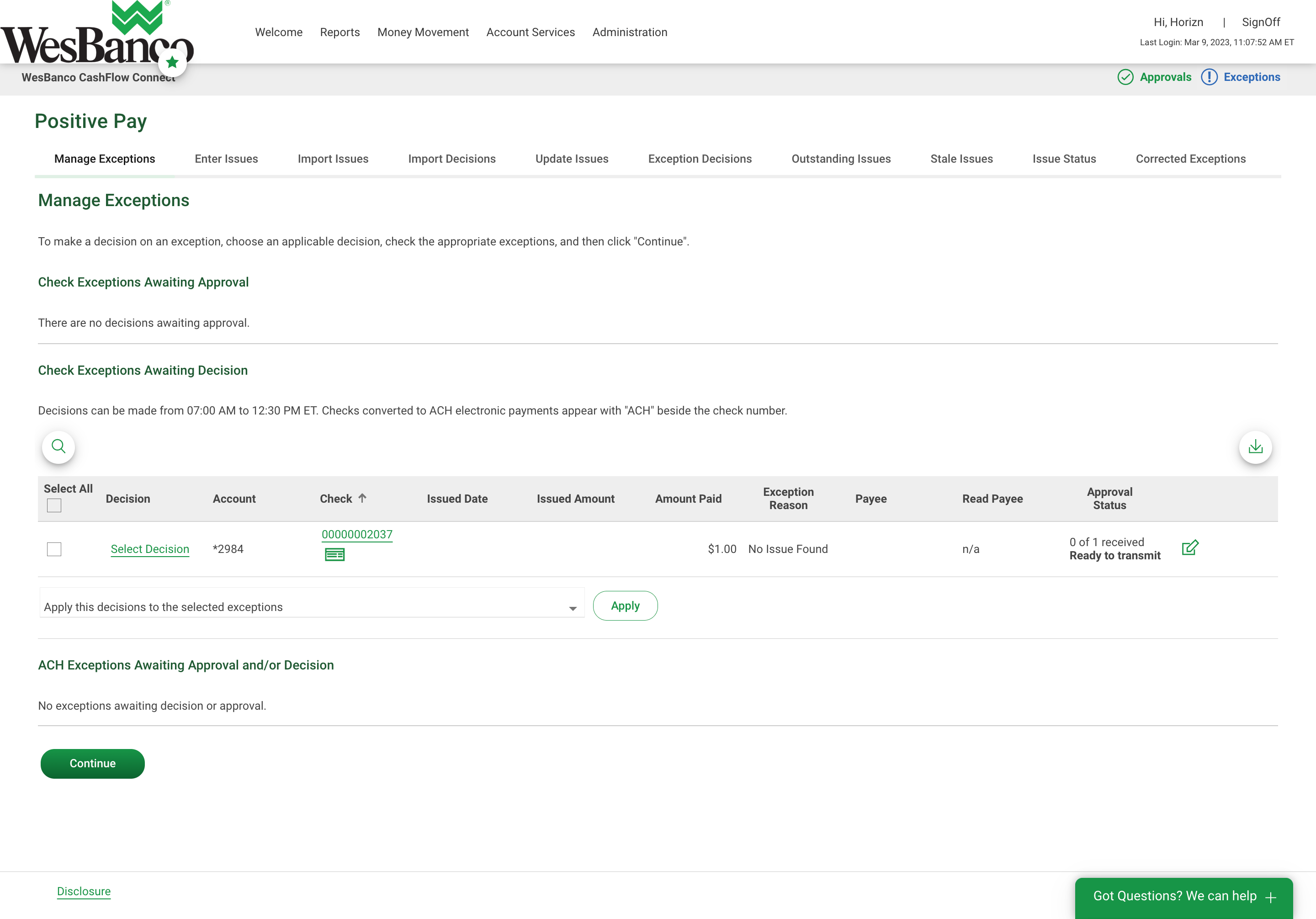 Manage Positive Pay Check Exceptions | Manage Positive Pay Check ...